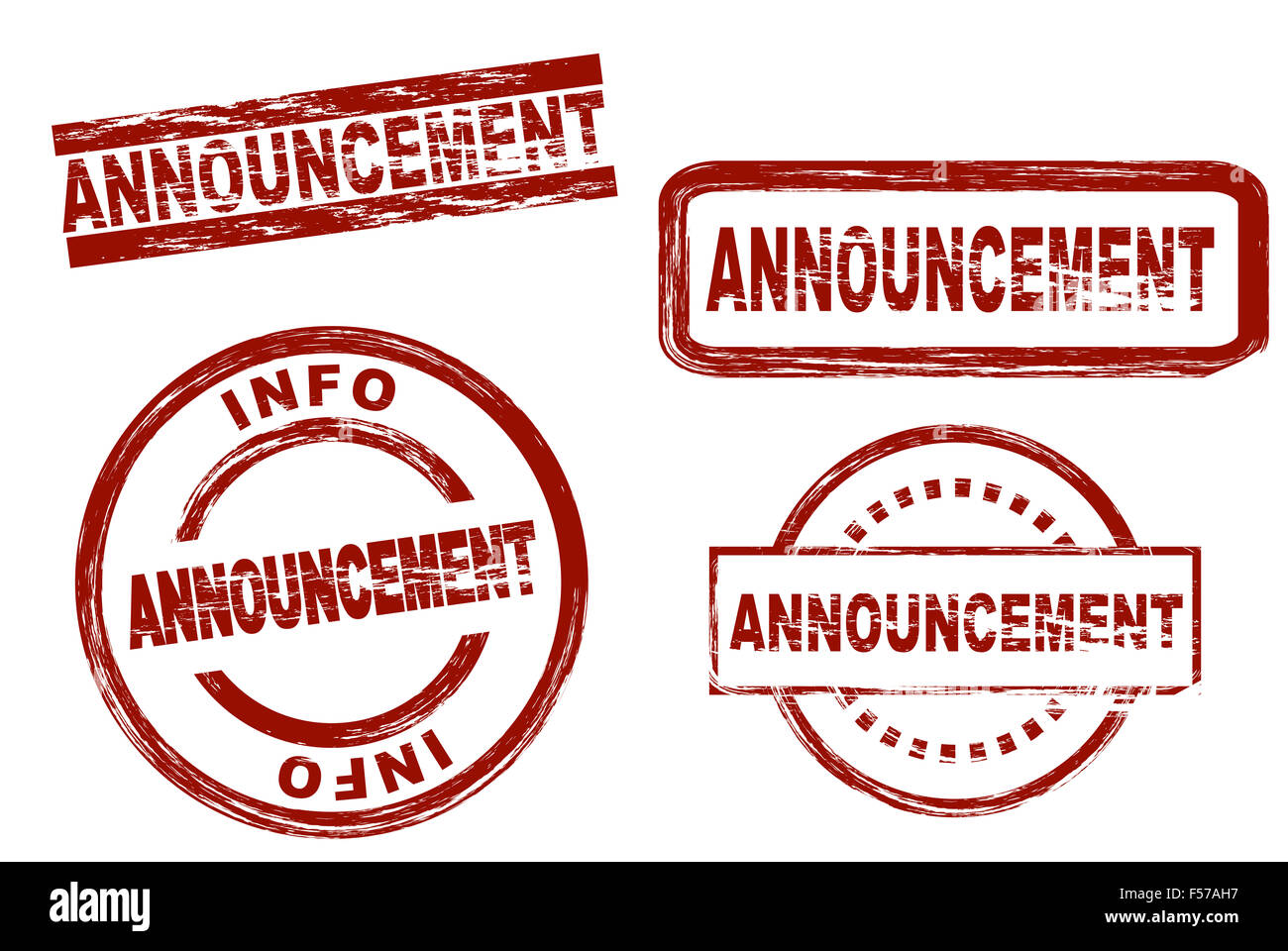 Set of stylized stamps showing the term announcement. All on white ...