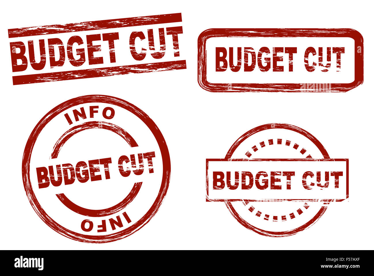 Set of stylized stamps showing the term budget cut. All on white ...
