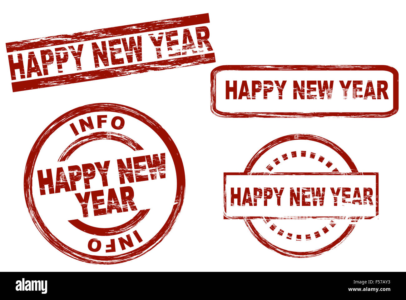 Set of stylized stamps showing the term happy new year. All on white ...