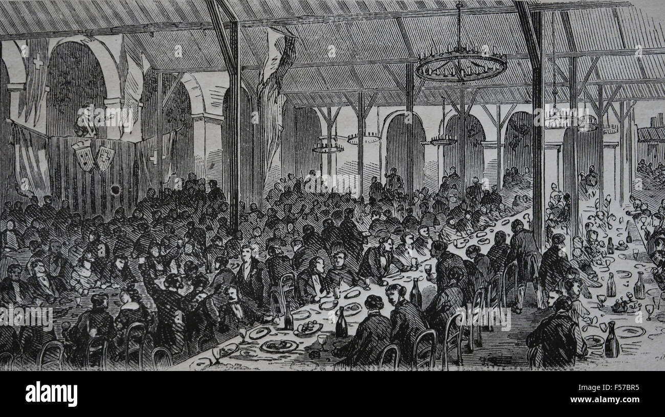 Banquet. Swiss party. Paris. France. Engraving. Le Monde Illustre ...