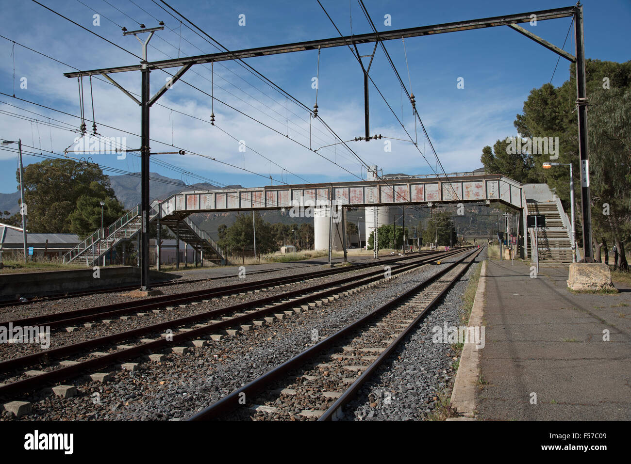 South African railways tracks and footbridge at Gouda Station in the ...