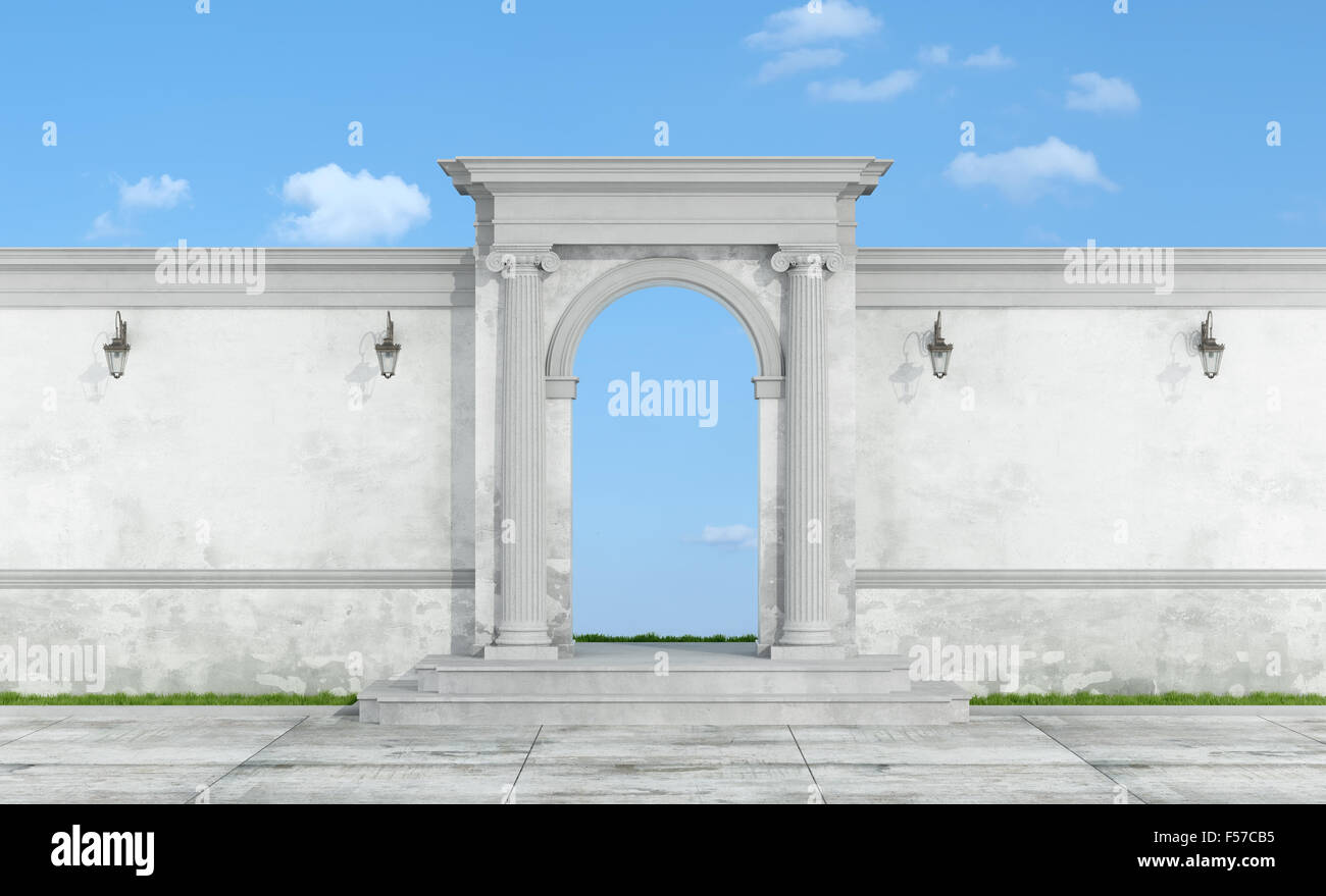 Old wall fence with stone portal in ionic order on blue sky - 3D ...
