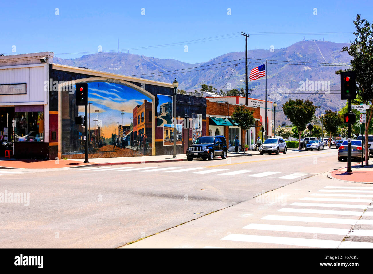 Wall murals on the side of buildings in downtown Santa Paula city in ...