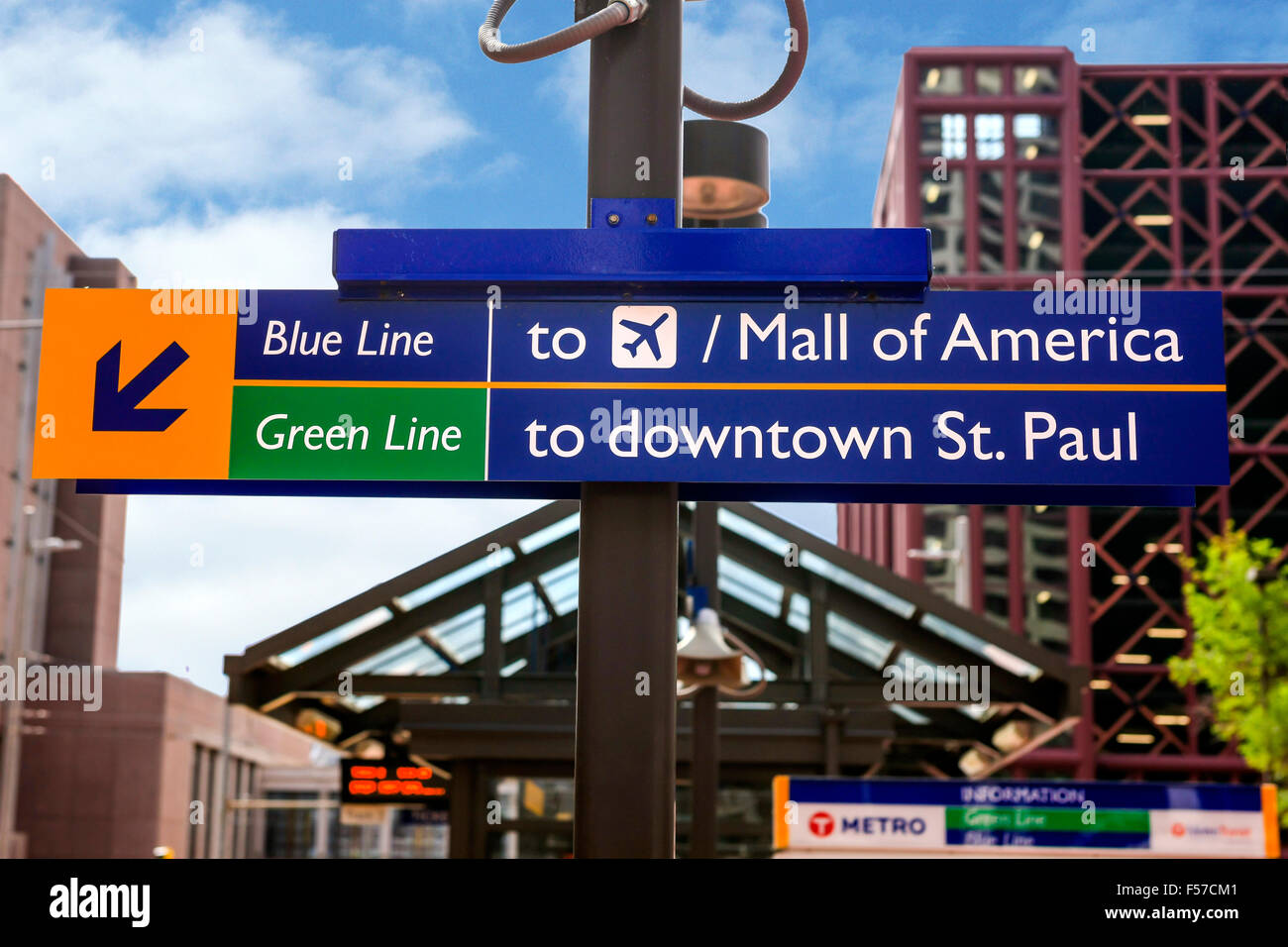 Overhead sign - at the Metro stop in downtown Minneapolis city Stock ...