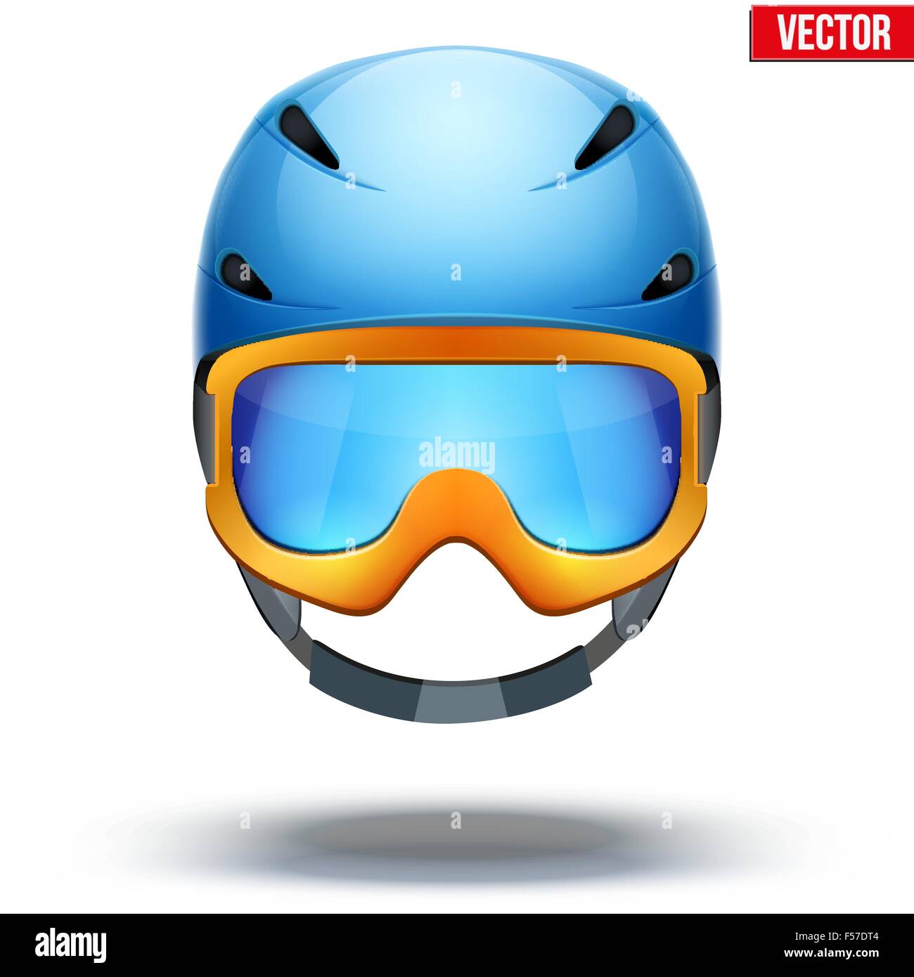 Front view of Classic blue Ski helmet and orange snowboard goggles ...