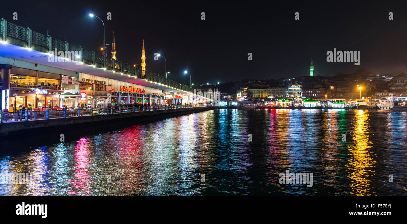 Galata Bridge at night, food stalls on bridge, Golden Horn, Bosphorus ...