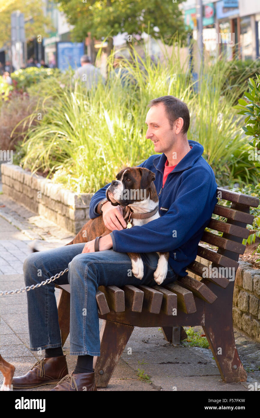 Man sitting down on bench cuddling boxer dog in Plymouth city centre in ...