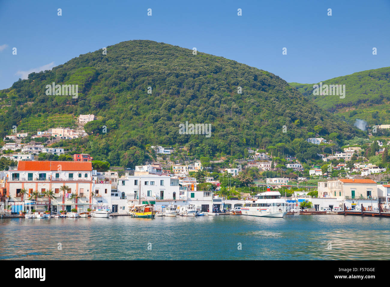 Coastal summer landscape, port of Ischia island. Mediterranean sea, Bay ...