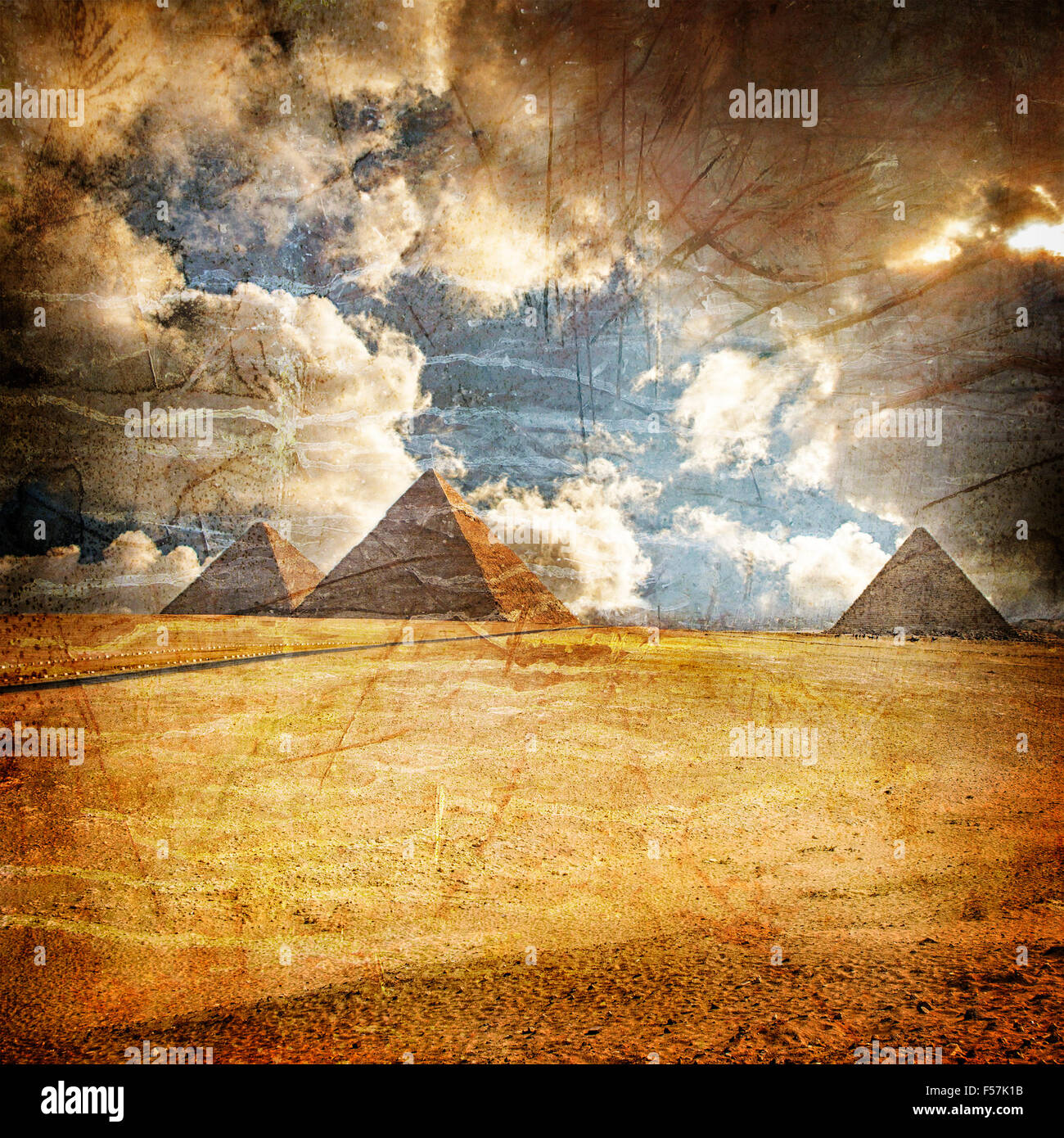Image of the pyramids at Giza in Cairo, Egypt. Vintage paper styled ...