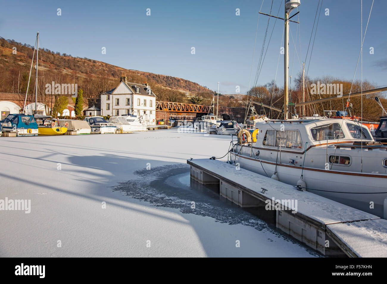 Image of winter snow covering Bowling harbour. Clydebank, Scotland ...