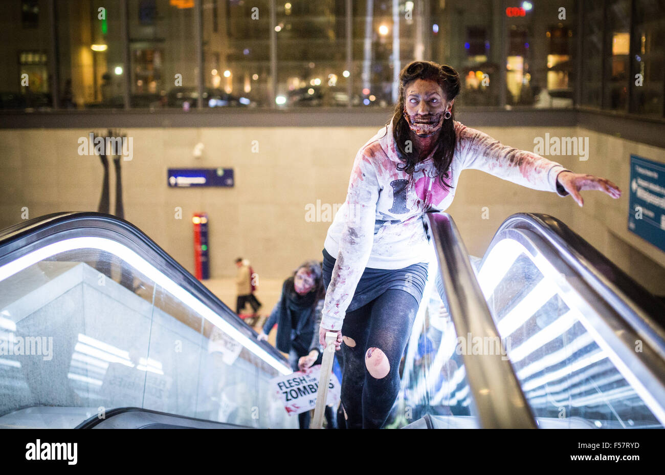 Berlin, Germany. 29th Oct, 2015. Peta activists dressed as zombies ...