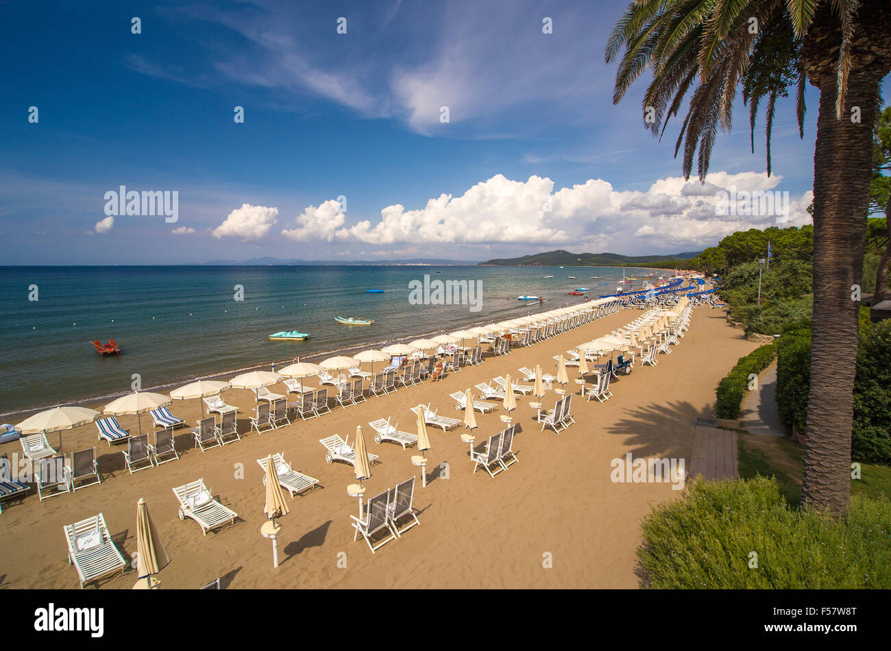 Deck chairs and parasols umbrellas on beach at punta ala hi-res stock ...