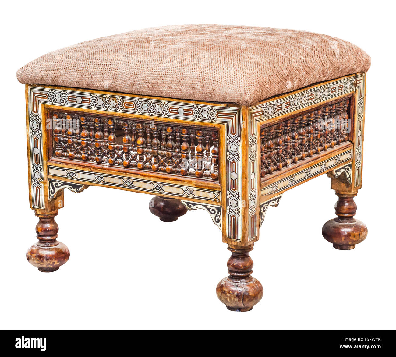 Old antique wooden stool, isolated on white background. File contains a ...