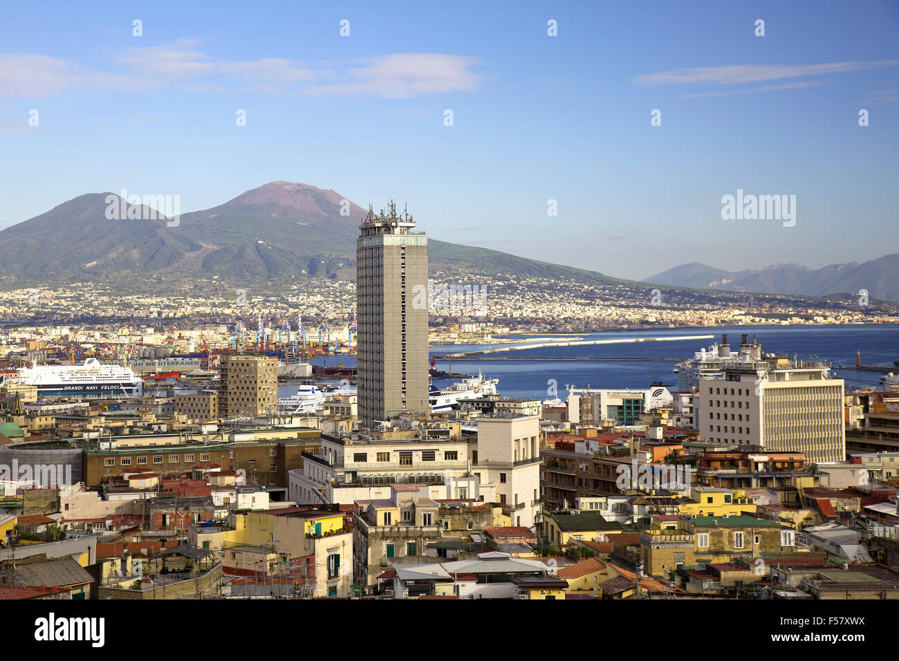 City of Naples with skyscraper, harbor and Mount Vesuvius on the ...