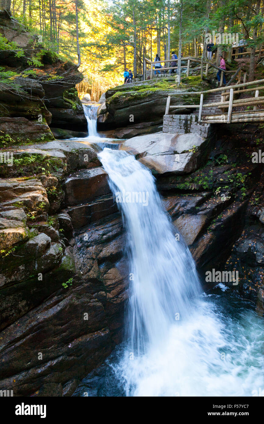 Tourists at the Sabbaday Falls, the Kancamagus Highway, White Mountains ...