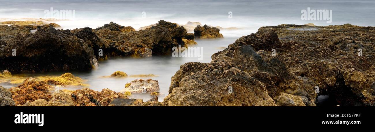 Yellow stones in the surf panorama Stock Photo - Alamy