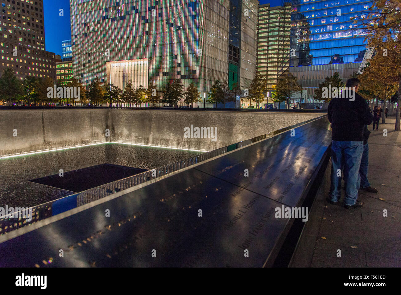 South pool at dusk, National September 11 Memorial & Museum 9/11, New ...