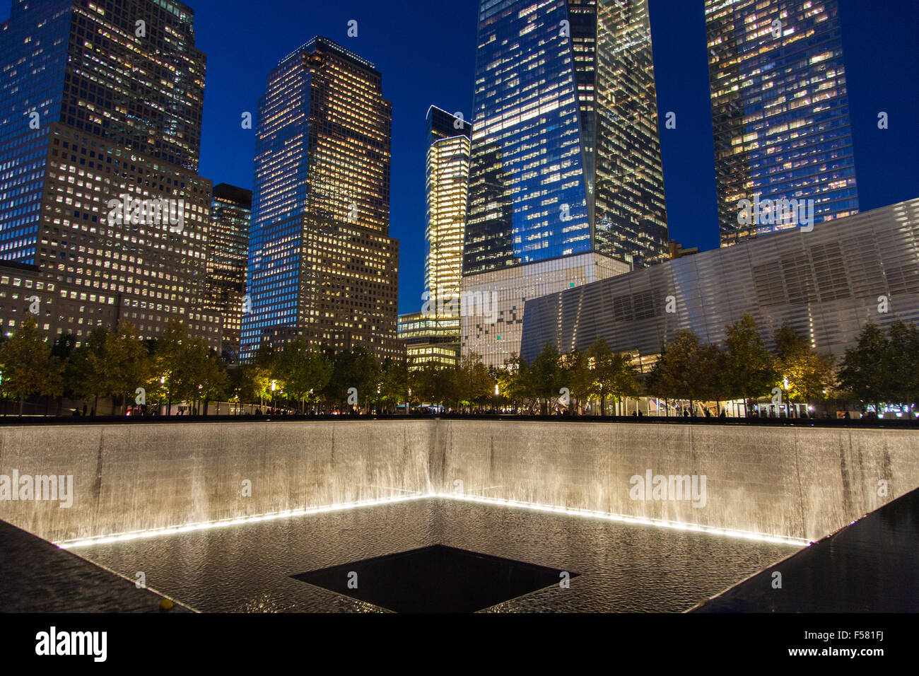 South pool at dusk, National September 11 Memorial & Museum 9/11, New ...