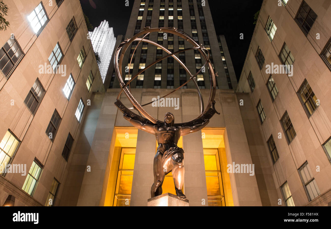 NEW YORK CITY - SEPTEMBER 14, 2014: View of bronze Atlas statue outside ...