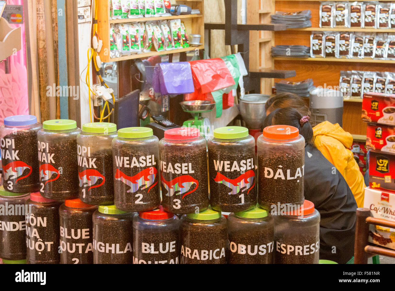 Vietnamese store selling coffee including weasel coffee in Hanoi old ...