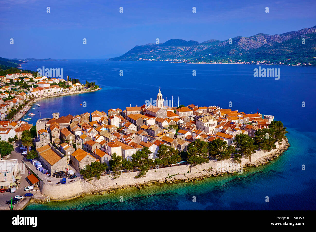 Croatia, Dalmatia, Korcula island, Korcula city, aerial view Stock ...