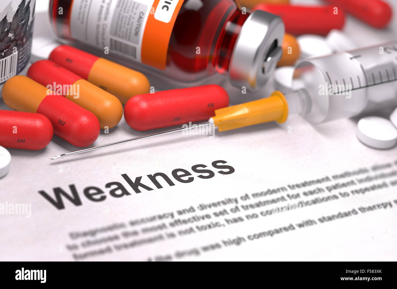 Diagnosis - Weakness. Medical Concept with Red Pills, Injections and ...