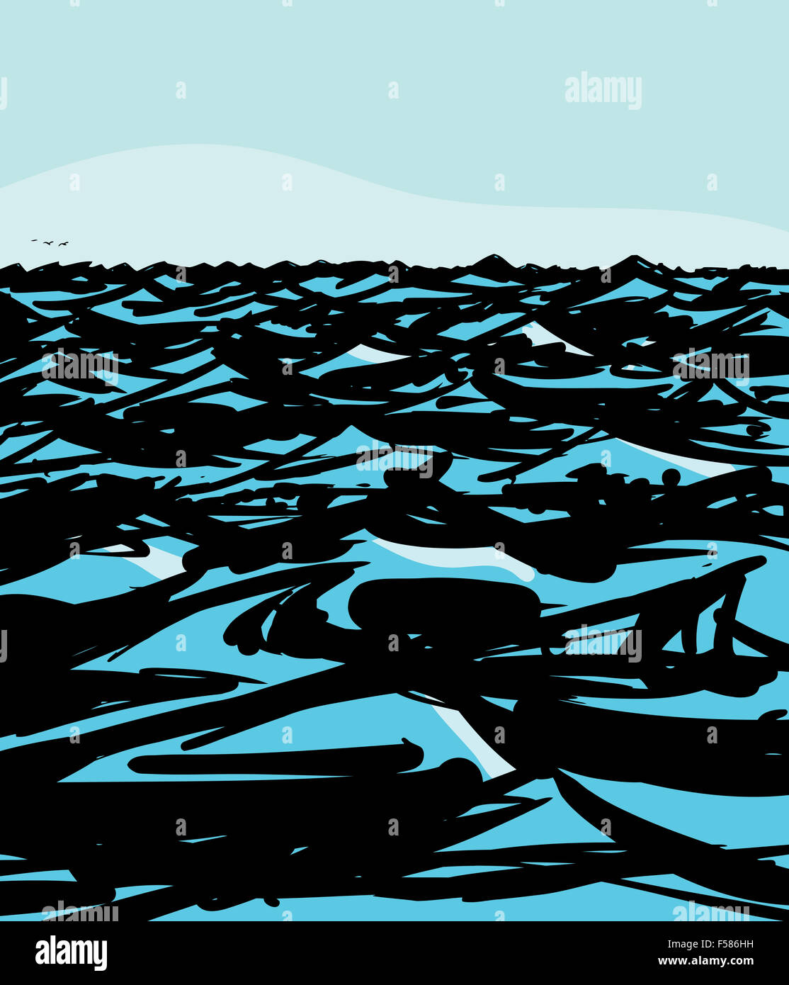 Hand drawn illustration of empty ocean waves background Stock Photo - Alamy