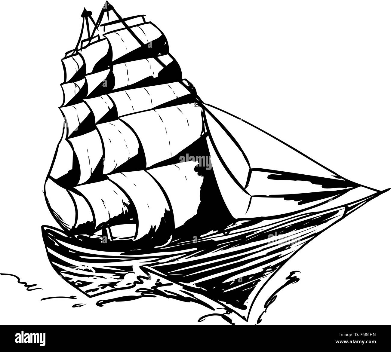 Outlined 1800s clipper ship moving on white background Stock Photo - Alamy