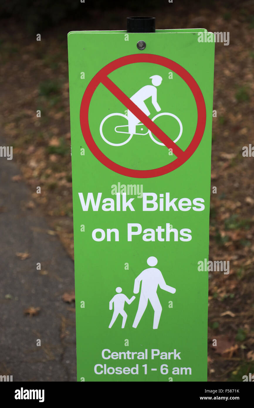A No biking on walking path warning sign in Central Park. Manhattan ...