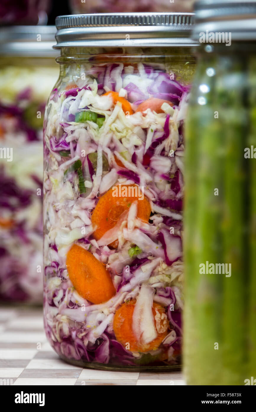 home made cultured vegetables in jars fermenting to be used as a ...