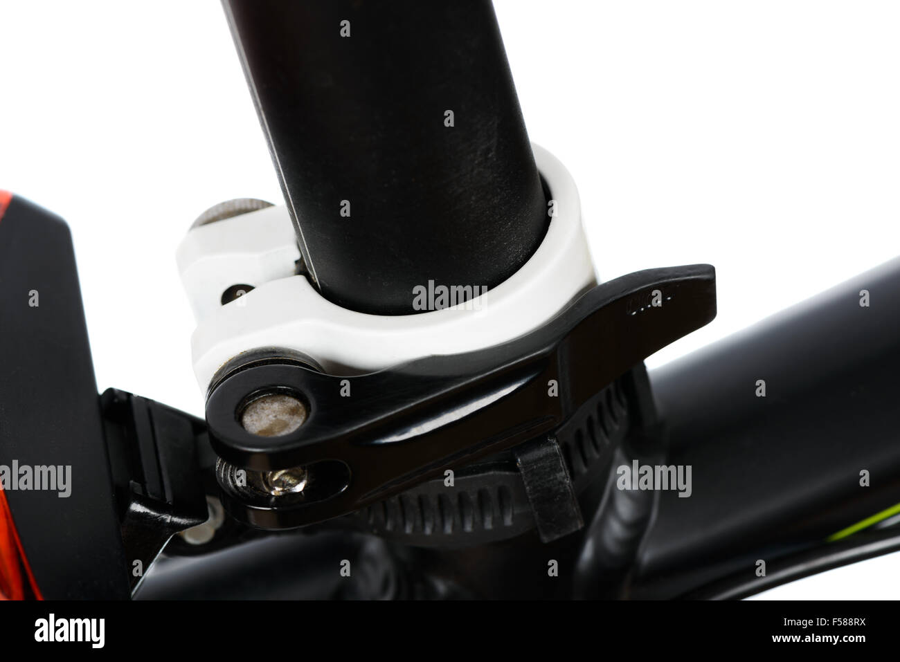closeup of quick release type seatpost clamp for adjusting seat ...