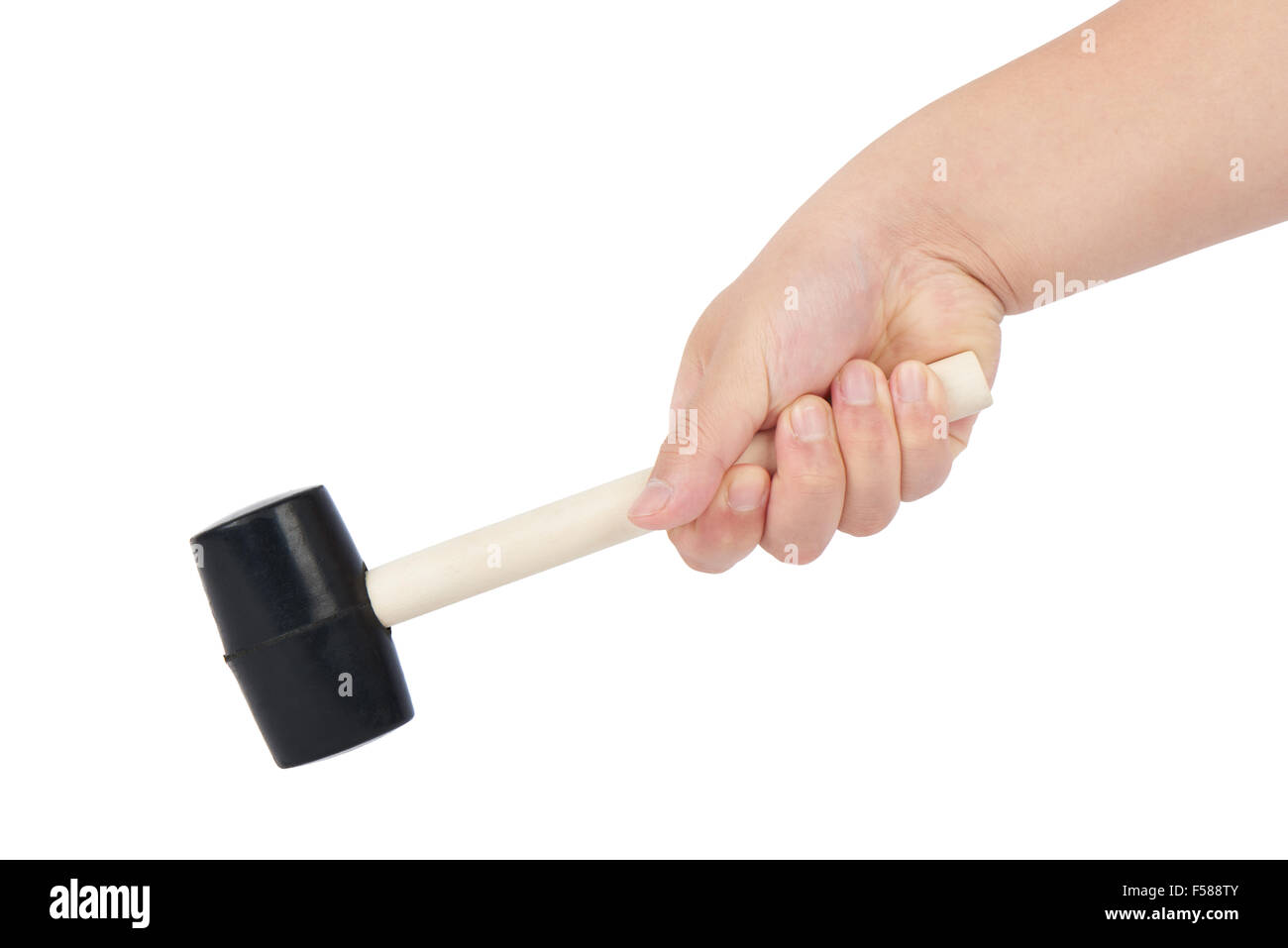 Asian man's hand holding a wooden rubber mallet, isolated on white ...