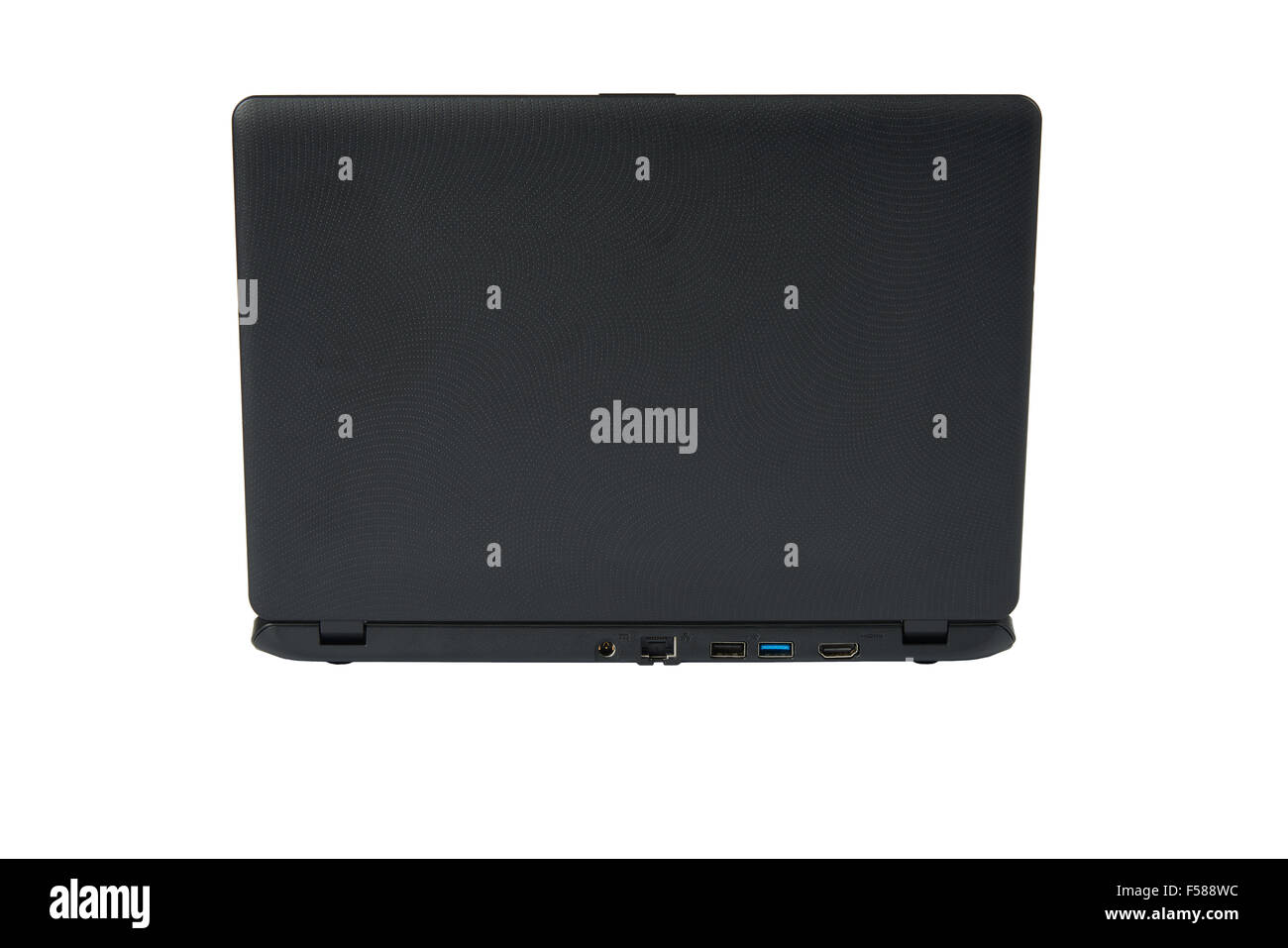 backside of opened black laptop with network, usb and display terminal ...