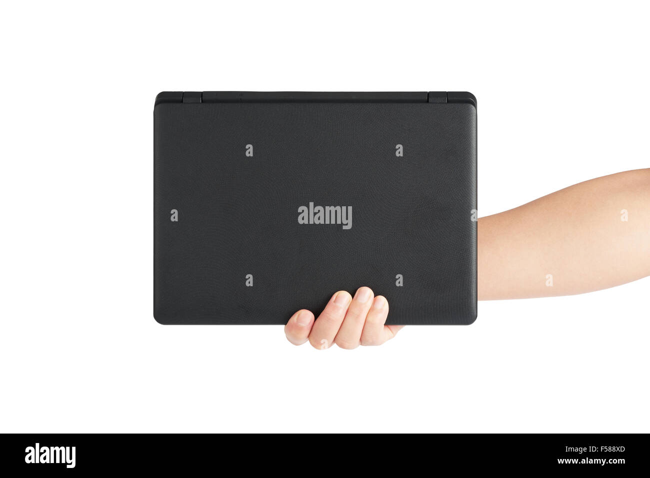 Asian man's hand holding a light laptop computer, isolated on white ...