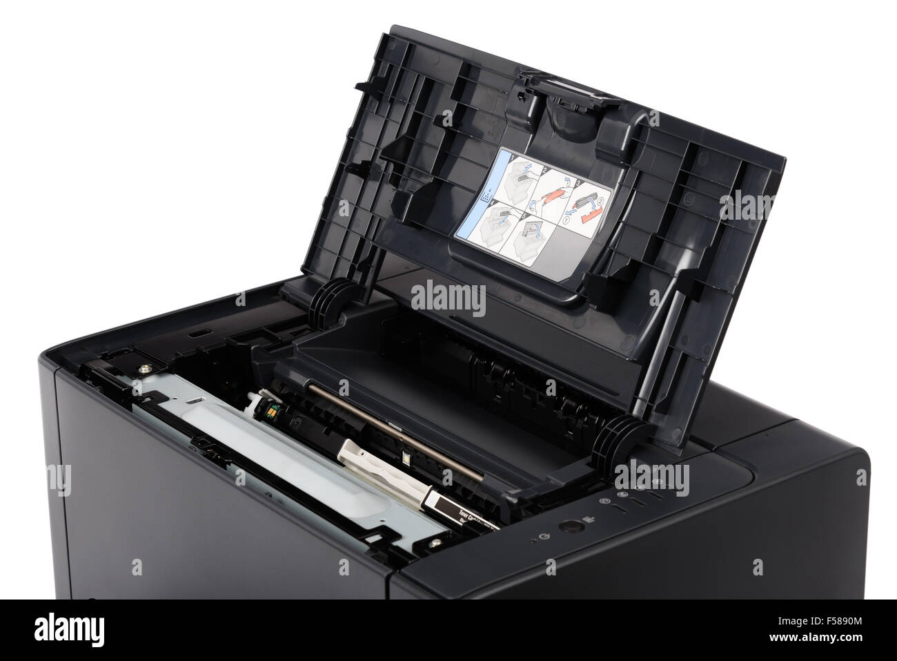 black laser printer with opened front cover, isolated on white Stock ...