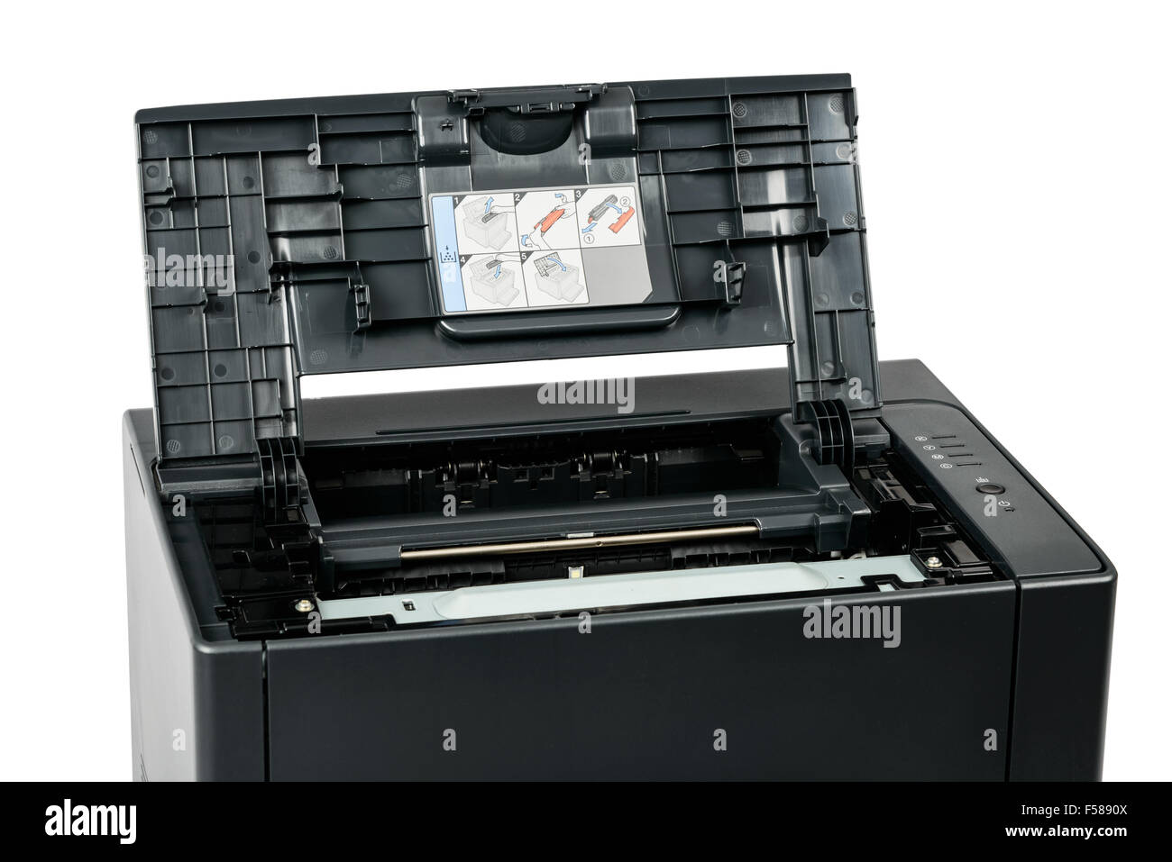 black laser printer with opened front cover, isolated on white Stock ...