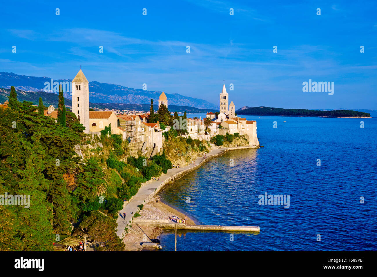 Croatia, Kvarner bay, island and city of Rab, succession of bell towers ...