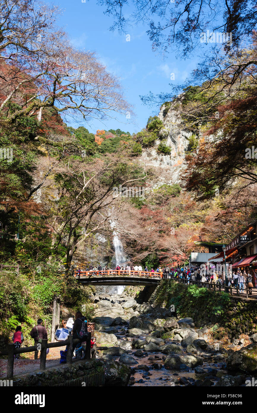 Japan, Mino, Minoh. Famous waterfall flowing into gorge spanned by ...