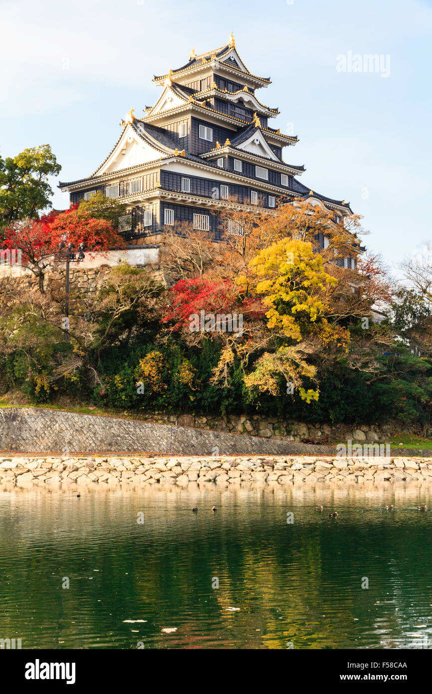 Japan, Okayama castle, known as the Crow castle. Black keep surrounded ...