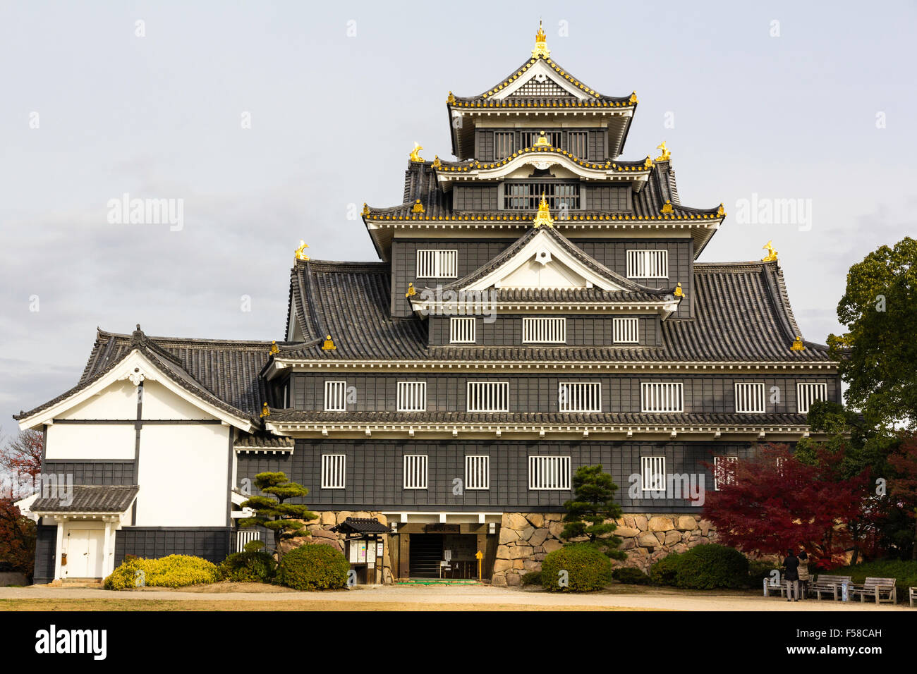 Japan, Okayama. Known as the "Crow castle". The reconstructed borogata ...