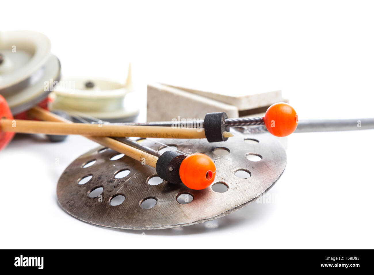 closeup ice fishing tackles with jig, line, rod Stock Photo - Alamy