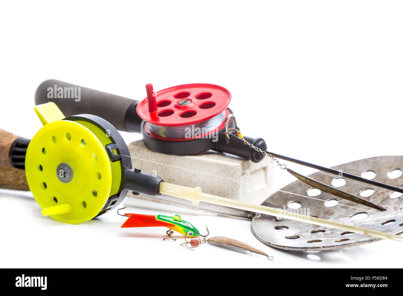 closeup ice fishing tackles with jig, line, rod Stock Photo - Alamy