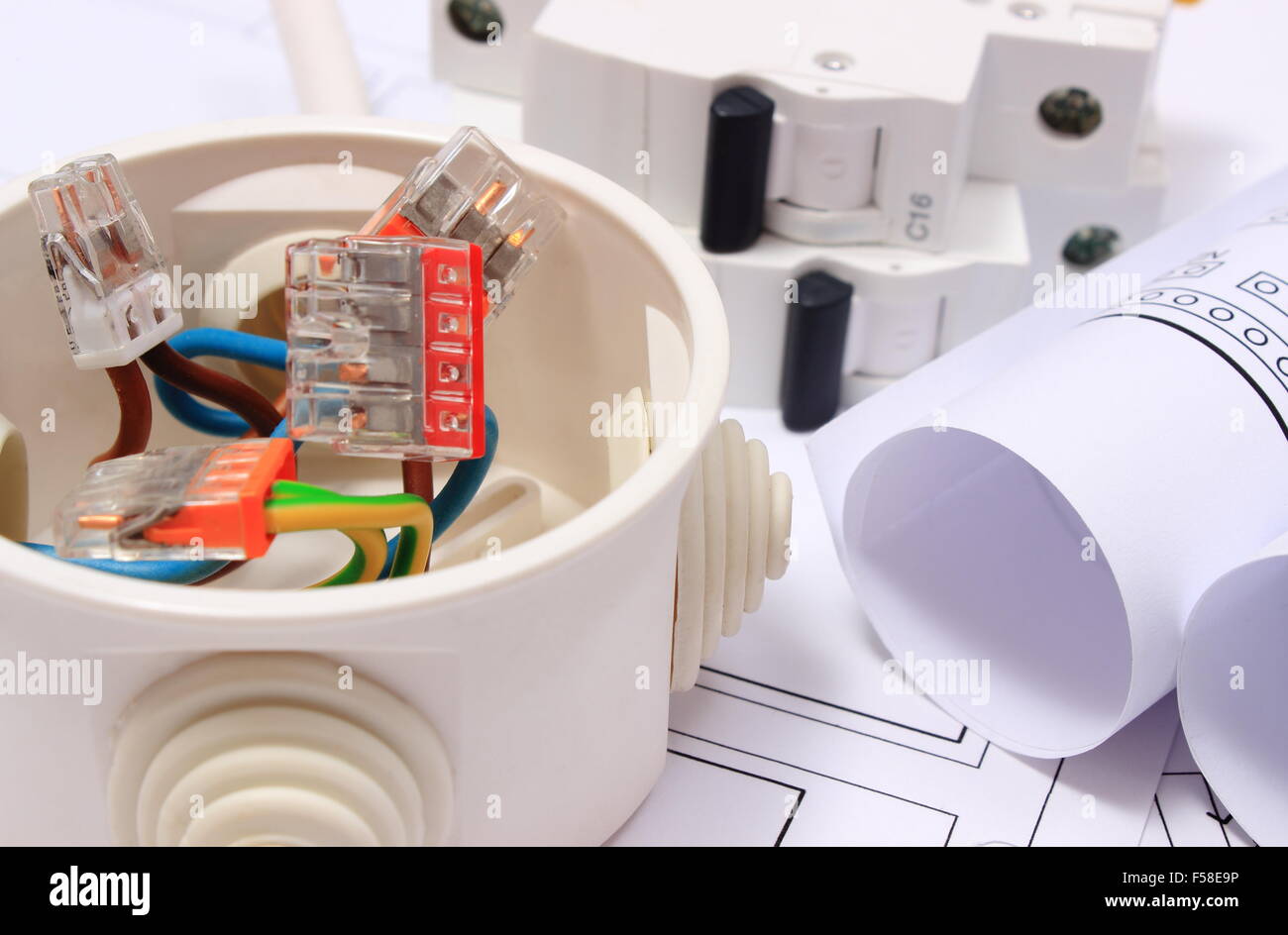 Copper wire connections in electrical box, rolls of electrical diagrams ...