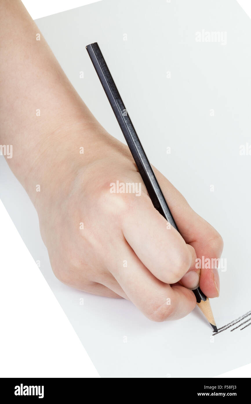 hand drafts by black pencil on sheet of paper isolated on white ...