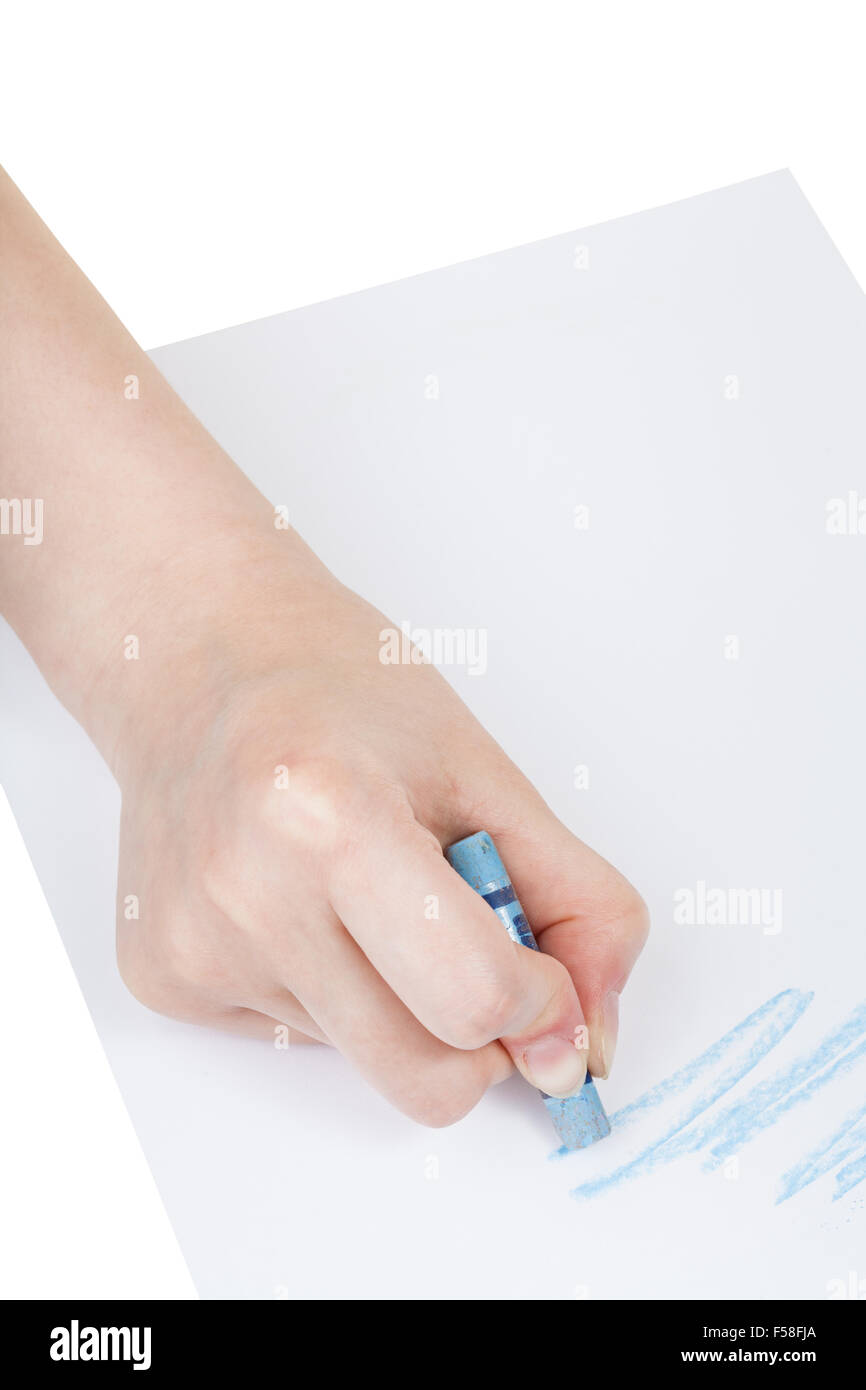 hand paints by blue chalk on sheet of paper isolated on white ...