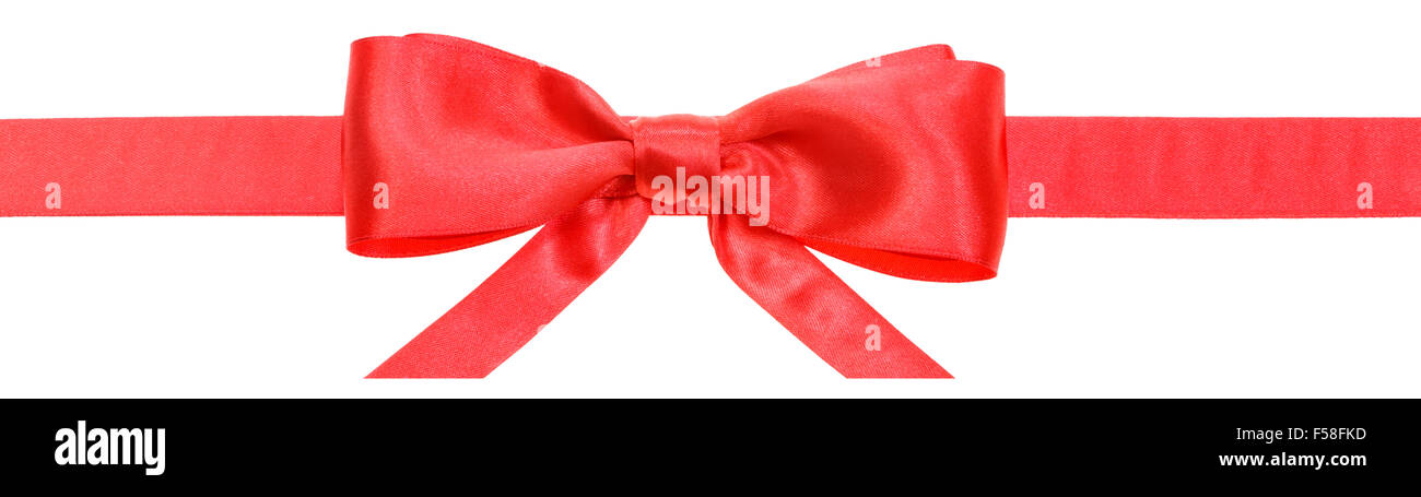 narrow red satin ribbon with real bow with horizontal cut ends isolated ...