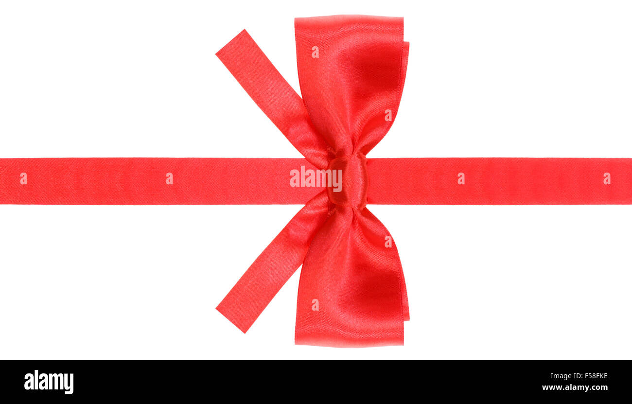 symmetric red satin bow with square cut ends on silk ribbon isolated on ...