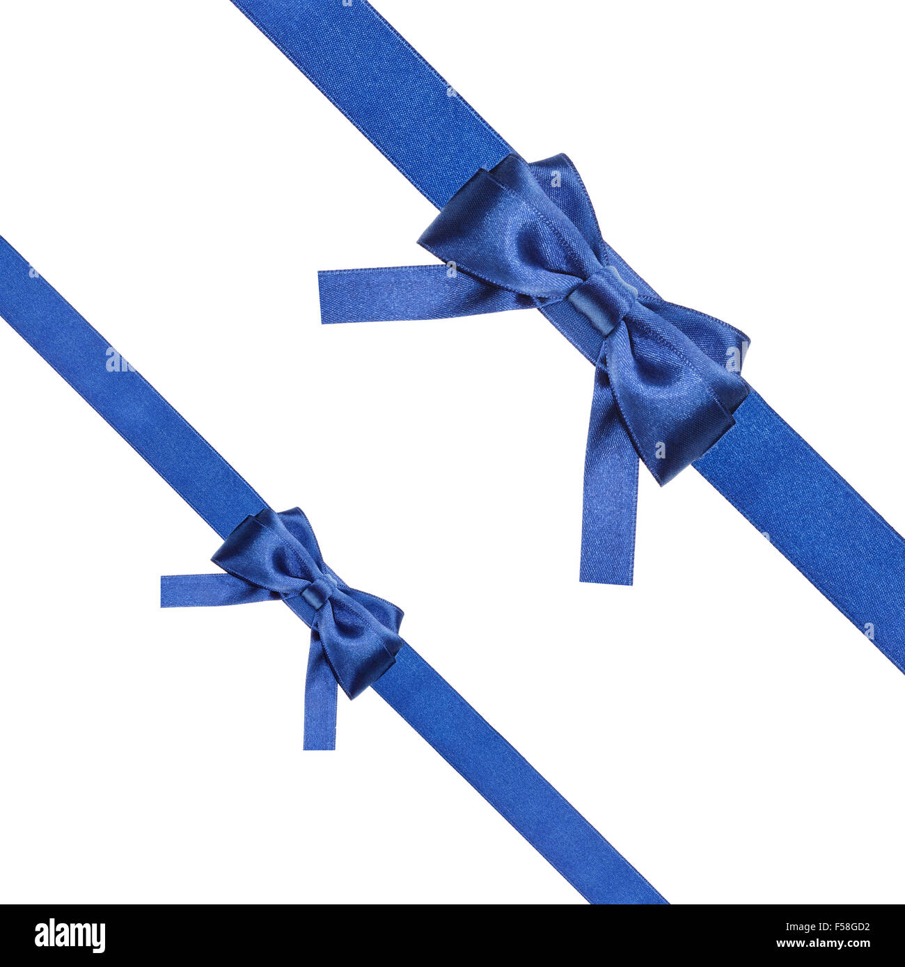 two blue satin bows and two diagonal ribbons isolated on square white ...