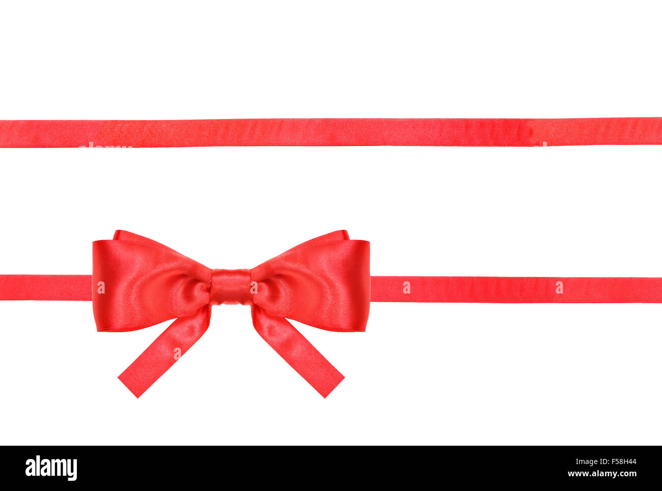 one red satin bow in lower left corner and two horizontal ribbons ...