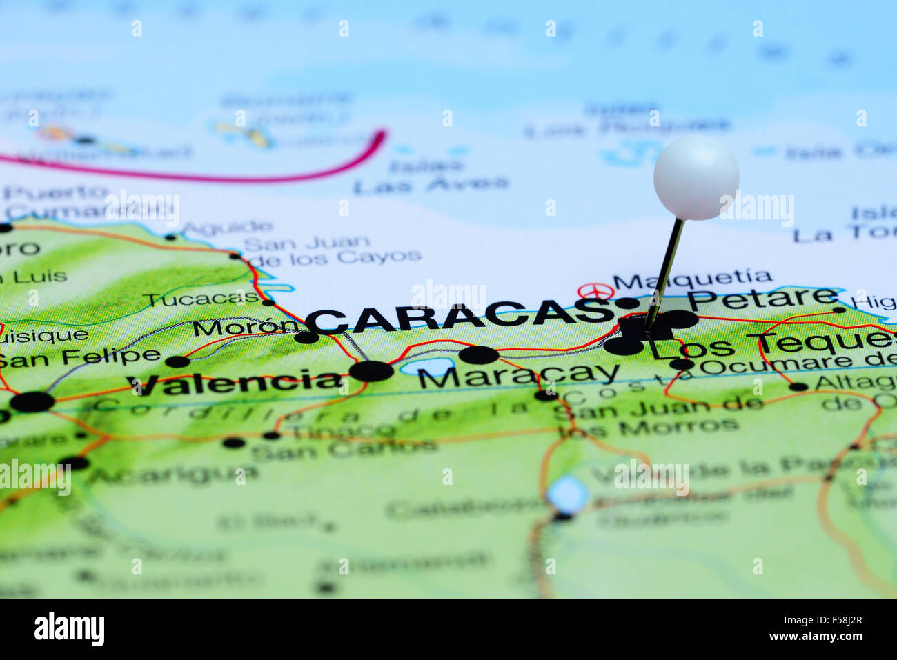 Caracas pinned on a map of America Stock Photo - Alamy